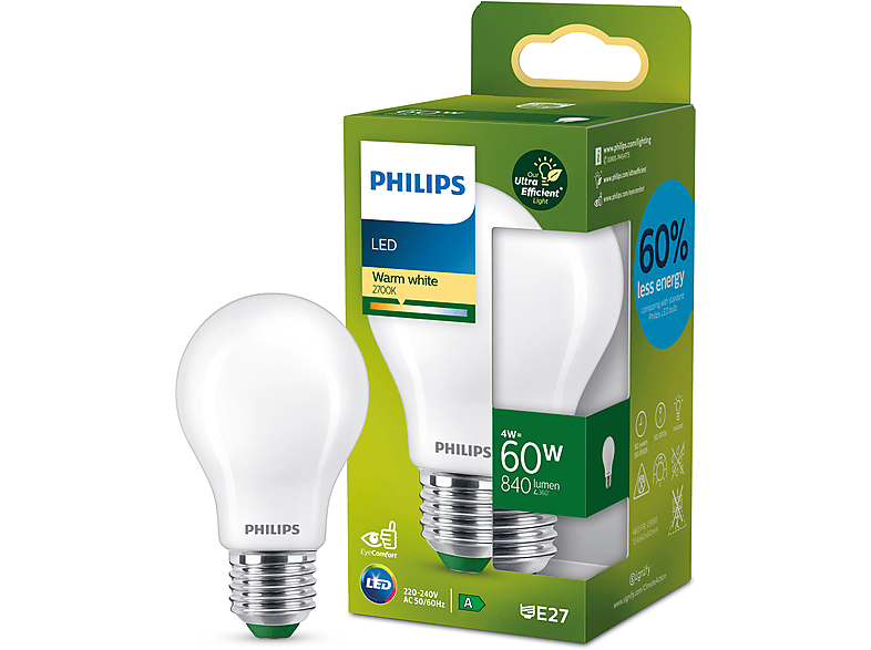 PHILIPS LED Ultra Efficient Spotlights 60 W E27 Warmwit Licht | MediaMarkt