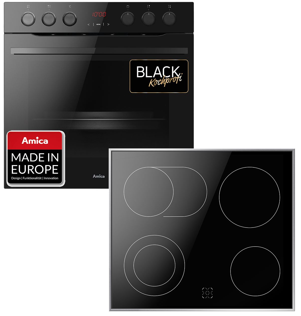 AMICA Einbauherd Set Glaskeramik Kochfeld Umluft Teleskopauszug Bräterzone Schwarz ...
