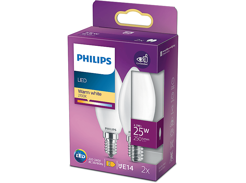 PHILIPS LED Ampoule flamme E14 dépolie 25W Non Dimmable 2 W E14 Lumière ...