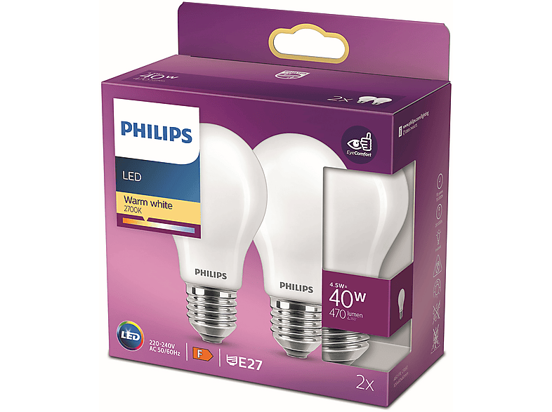 PHILIPS 77765400 LEDCLA 40W E27 A60 WW FR ND 2PF LED Lampe E27 warmweiß ...