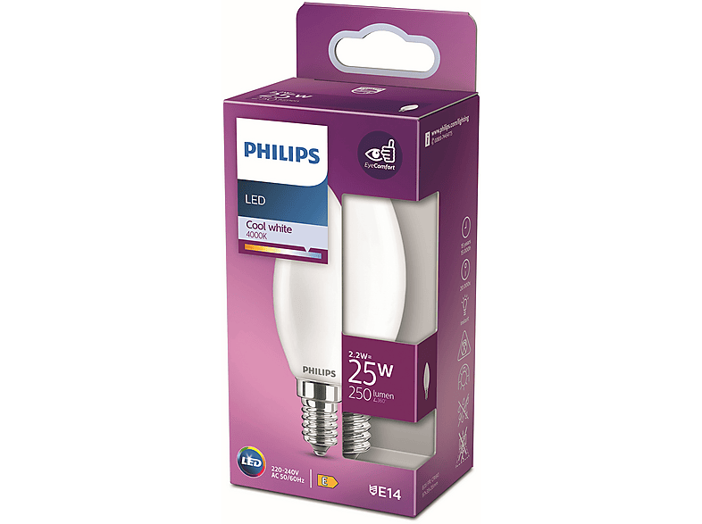 PHILIPS LED Ampoule flamme E14 dépolie 25W Non Dimmable 2 W E14 Lumière ...