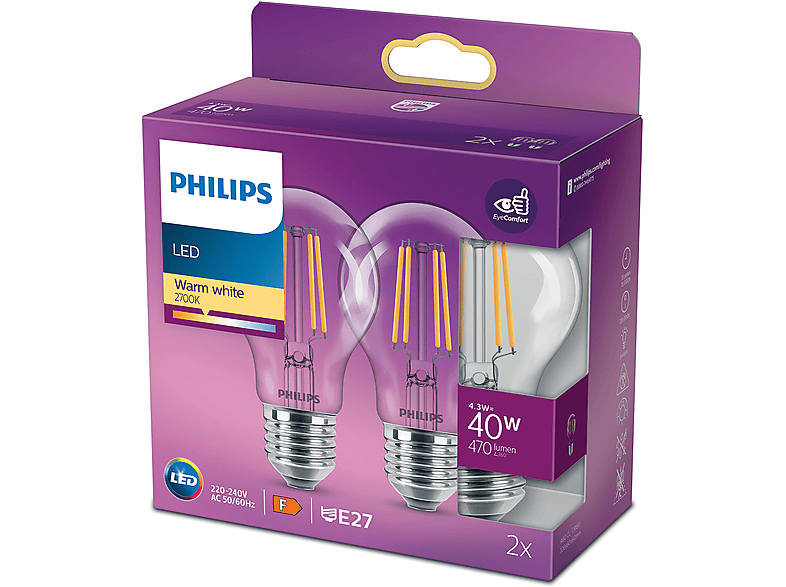 PHILIPS 77759300 LEDCLA 40W E27 A60 WW CL ND 2PF LED Lampe E27 warmweiß ...