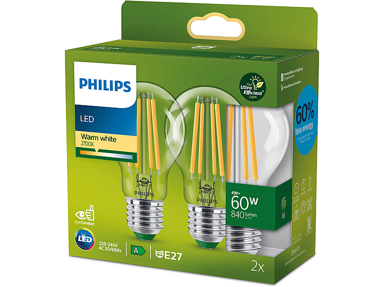 PHILIPS LED Ultra Efficient | E27 Standaardlamp (A60) Filament Helder 60W Niet Dimbaar - Warmwit ...