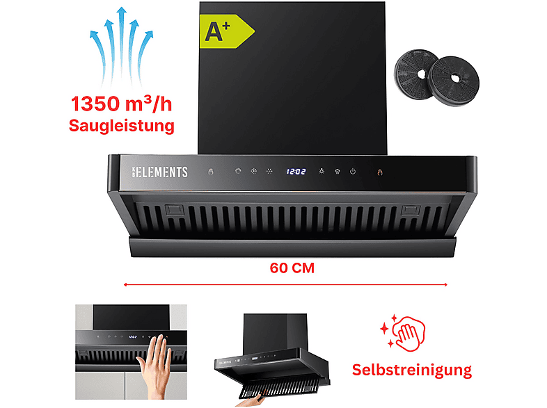 KB ELEMENTS ELK150H60, 1350 m³/h, Selbstreinigungssystem, Bürstenloser Motor, Wandhaube (60 cm ...