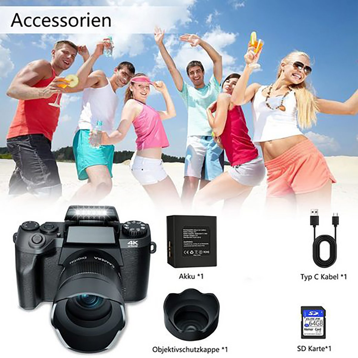 LINGDA G-H-ETXJ-15-010 Digital Kamera Schwarz, 4-Zoll-HD-IPS-Display ...