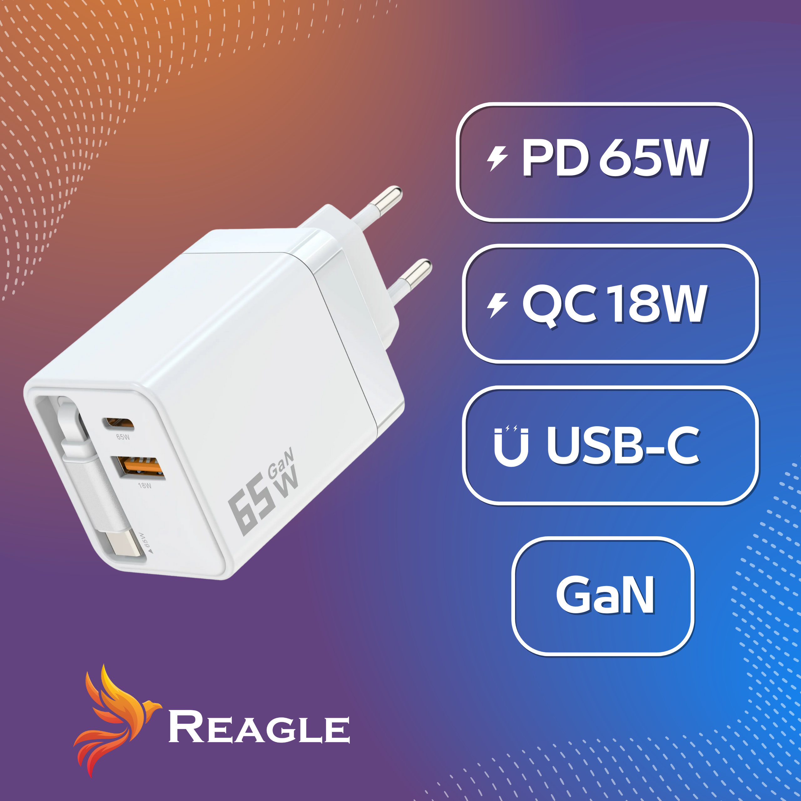 Cargador USB | REAGLE Gan PD Cargador PD de 65 vatios 1x USB-C, 1x QC 3 ...