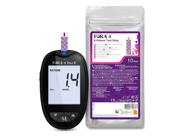 Glucómetro | FORA 6 DUO 2 en 1 con Bluetooth) con 10 tiras de cetonas y ...