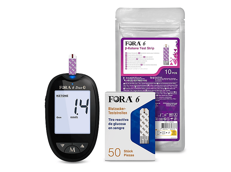 Glucómetro | FORA 6 DUO con 60 tiras de glucosa, 10 tiras de cetonas ...