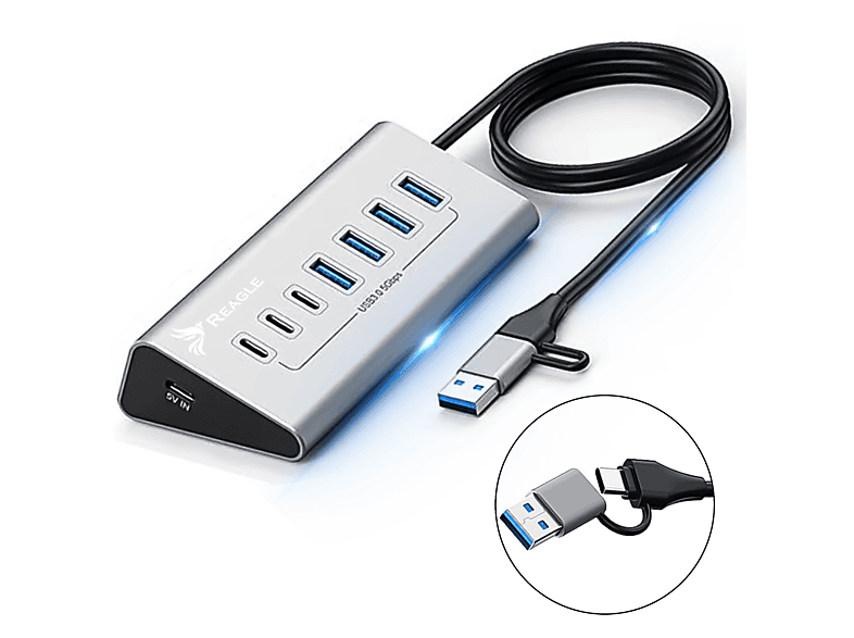 REAGLE USB HUB ACTIVE 7-PORT USB 3.2 7in1 USB-C TO 36W, HUB USB, Silber ...