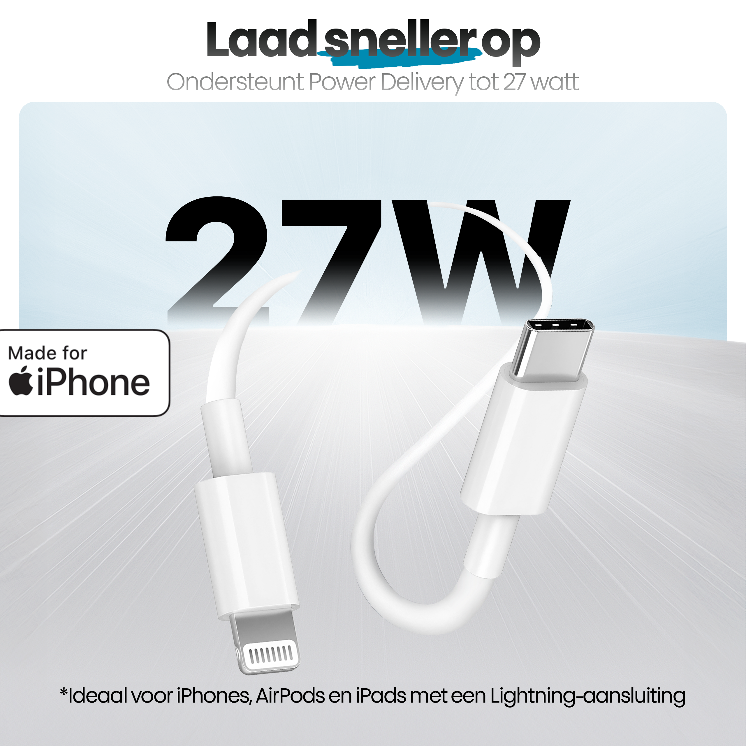 PHREEZE 27W PD USB C naar Lightning kabel Apple MFI 1 m Wit | MediaMarkt