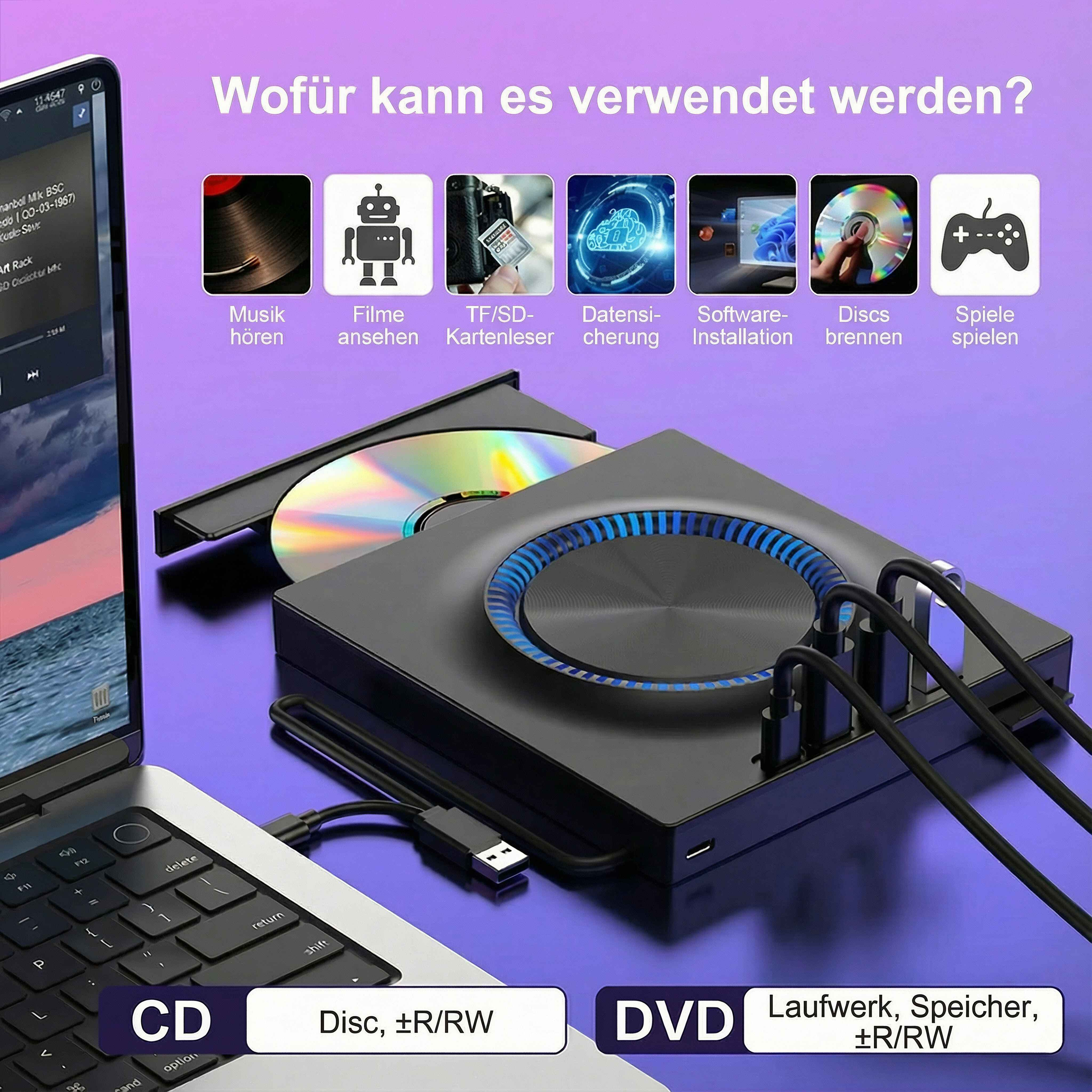 OOKURA Tragbar & ultraflach USB-C 3.0 6-in-1 6x BD-RE extern Blu-ray ...