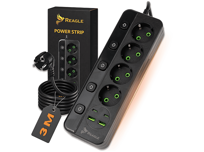 REAGLE 3M Überspannungsschutz 4 Steckdosen USB/USB-C Power Strip ...
