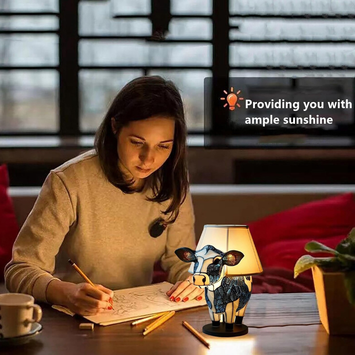 XUIGORT Kuh Design Harz Stoff Elegante Deko LED Table Lamp | SATURN