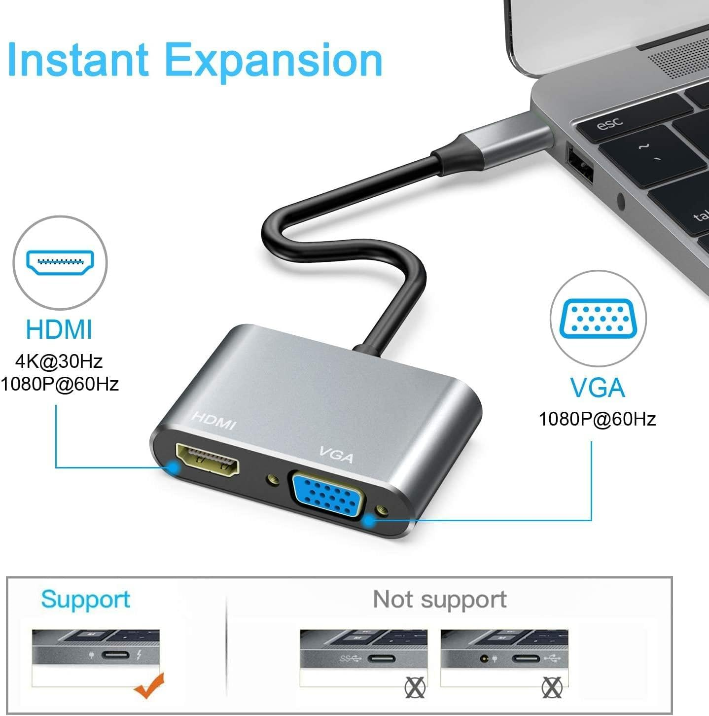 YIQIFA USB-C-zu-HDMI-VGA-Adapter,, USB Hub, Grau | MediaMarkt