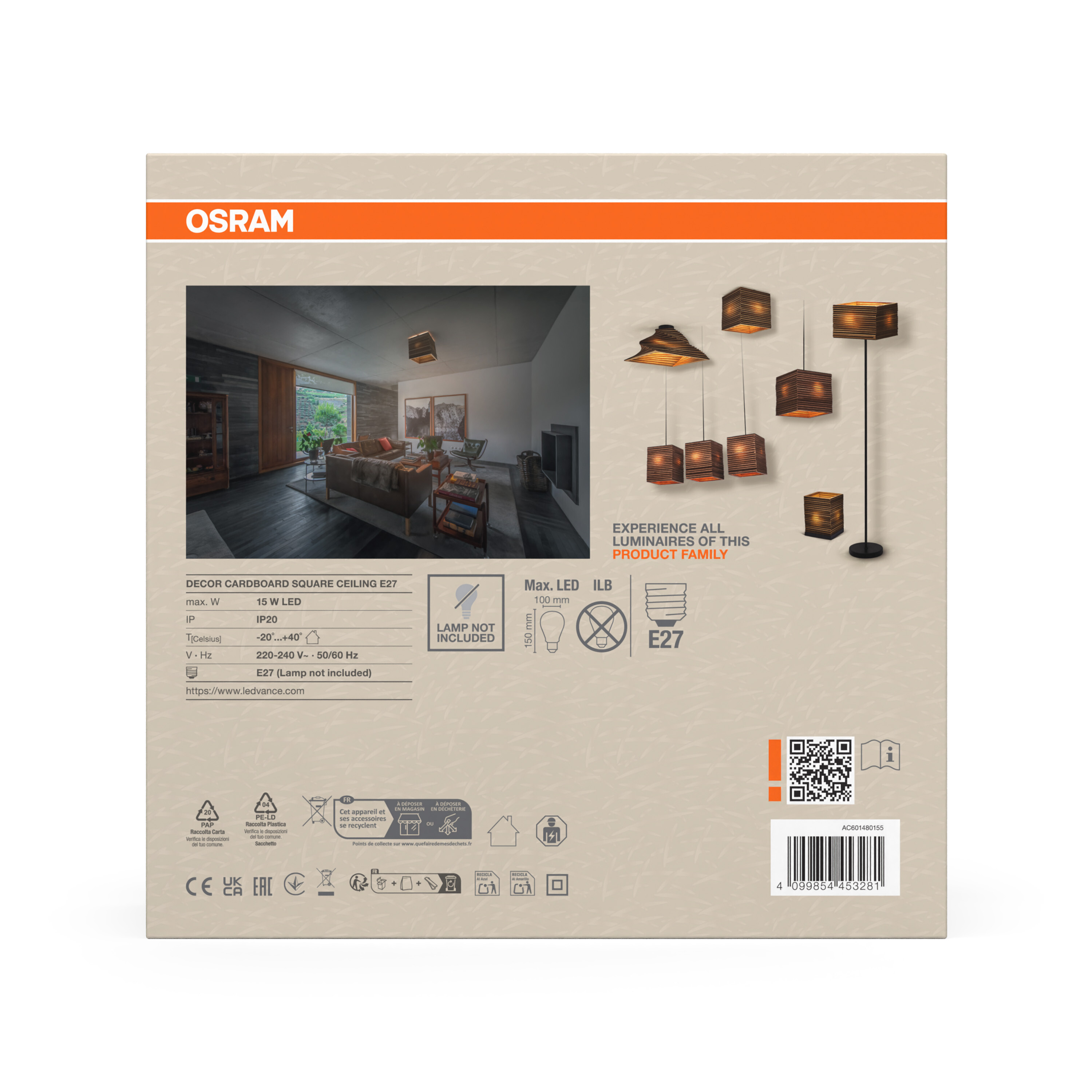 OSRAM Decor Cardboard Square Ceiling E27 Brown LIGHT_FIXTURE | SATURN