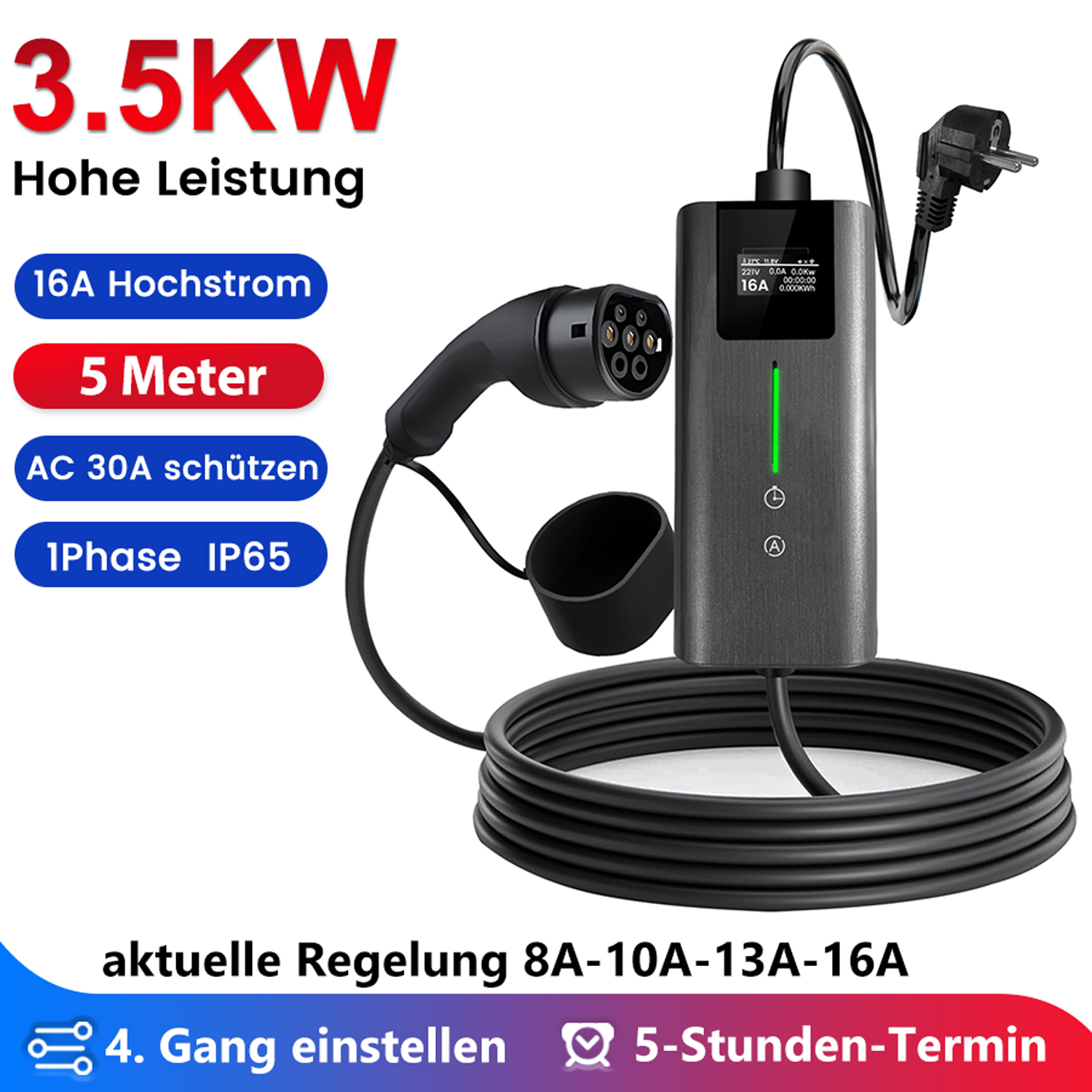 HEXINEX Typ 2 Ladegerät 16A 3.5kW mit Schuko-Stecker wallbox ...