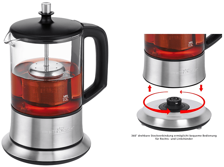 PROFICOOK Teekocher Wasserkocher 360° Glas Edelstahl 0,5 L TK 1165 ...