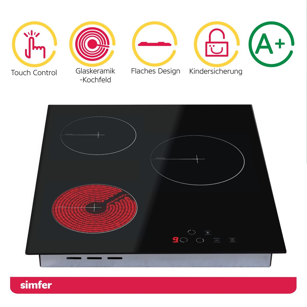 SIMFER Simfer 45 cm Glaskeramikkochfeld BIH 4501, Autarkes Elektro-Kochfeld, 9 Leistungsstufen ...