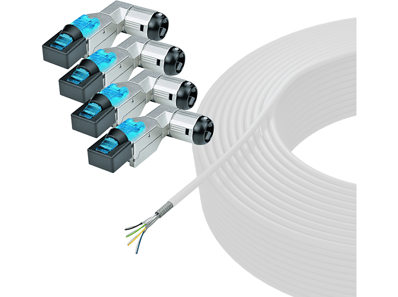 AIXONTEC 50m Cat 7 S/FTP Verlegekabel Set 4x RJ-45 LAN Winkelstecker 10 Gigabit, Netzwerkkabel ...