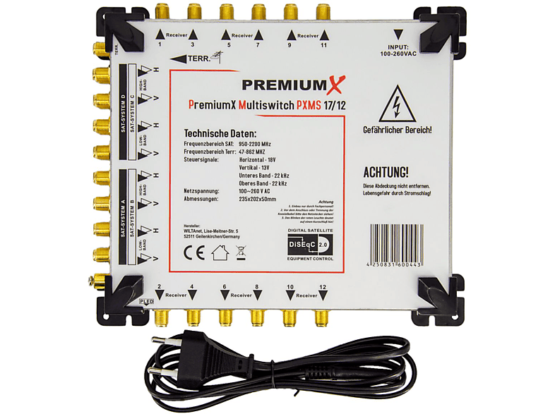 PREMIUMX PXMS 17/12 Multischalter mit Netzteil Multiswitch 4 SAT für 12 ...