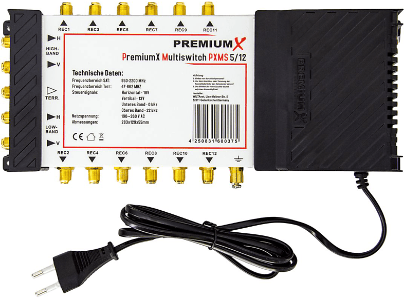 PREMIUMX PXMS 5/12 Multischalter mit Netzteil Multiswitch 1 SAT für 12 ...