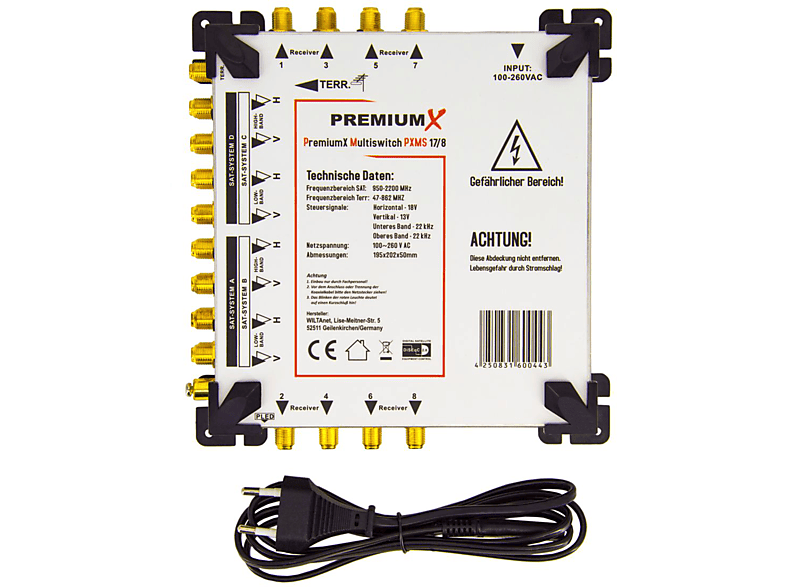 PREMIUMX PXMS 17/8 Multischalter mit Netzteil Multiswitch 4 SAT für 8 ...
