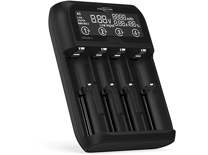 ANSMANN Akku Ladegerät 1-2 NiMH Akkus AAA AA C oder 4 Li-Ion 3,6V/3,7V ...