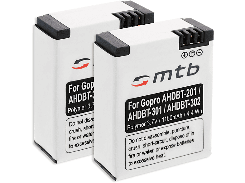 MTB MORE ENERGY 2x Akku für Gopro AHDBT-302 1180mAh Polymer AHDBT-201, -301 Akku, Li-Pol, 1180 ...