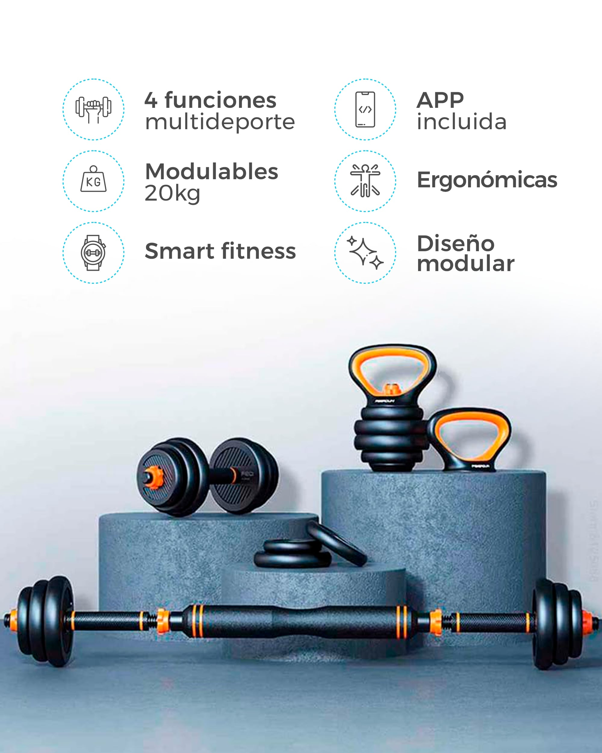 Mancuernas | FED Pack Smart Kit Mancuernas+Barra+Pesa Rusa 20 kg ...
