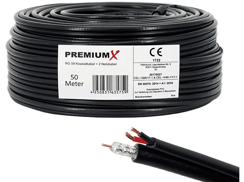 PREMIUMX 50m RG59 Koaxialkabel + 2 Netzkabel Eca Videobild und ...