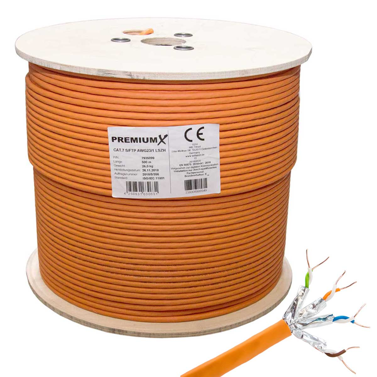 PREMIUMX 500m CAT 7 Netzwerkkabel Simplex LAN Kabel Ethernet Datenkabel ...