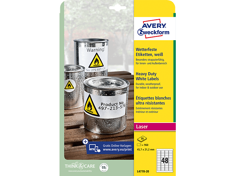 AVERY ZWECKFORM wetterfest Laser 45,7x21,2mm Etiketten 210 x 297 mm 45 ...