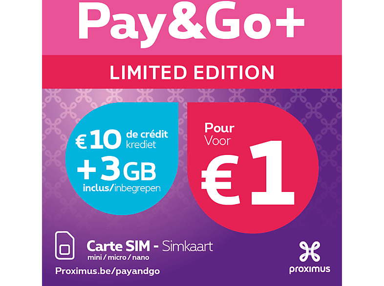 PROXIMUS Pay&Go+ Limited Edition – 10€ + 3GB (nieuw nummer) | MediaMarkt
